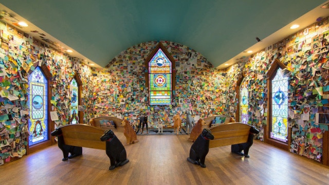 A dog chapel with benches covered in paper. - This Dogs Life