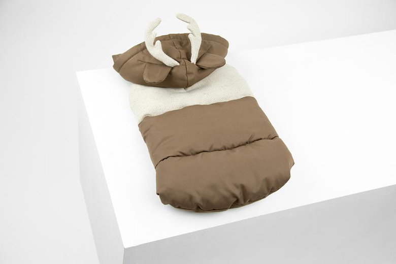 A brown and white designer dog coat on a white surface to keep your dog ...